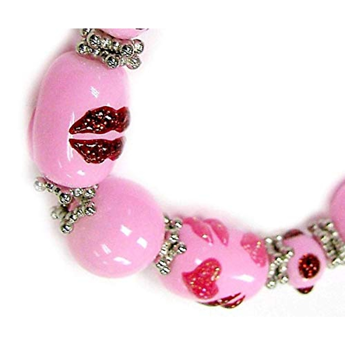 Glass Beaded Bracelet for Women, Pink Lips Kiss Hearts Beads Jewelry, Valentine Mother's Day Gift for Her, 1 pc