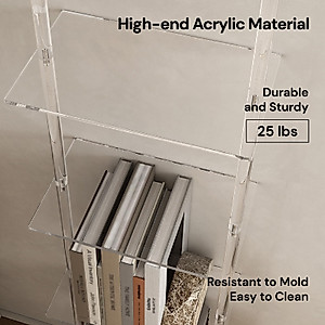 CRTERICX Small Acrylic Ladder Bookshelf, 9.5" D x 15.6" W, 5-Tier Clear Wall Mounted Book Shelf for Small Spaces, Multipurpose Bookcase for Living Room, Bathroom, Office, Modern, 73" H