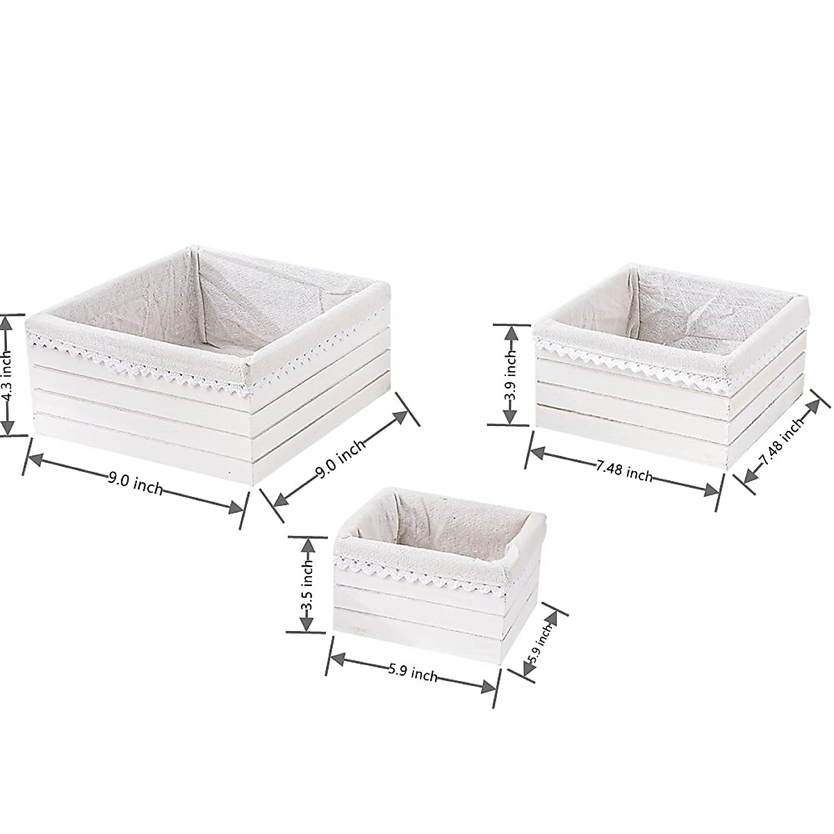 Quan Shuo Antique Square Nesting Box, Decorative Farmhouse Wooden Storage Box 3-Piece Set, White