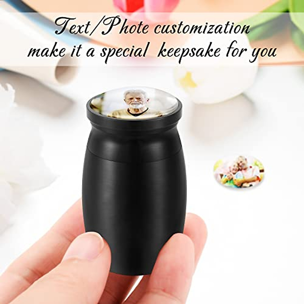 Photo Custom Small Urns for Human Ashes Mini Cremation Urns for Ashes Aluminium Picture Ashes Holder-Black