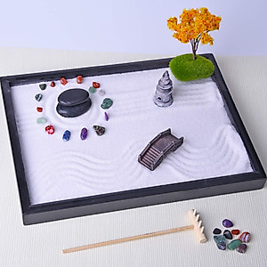 Japanese Zen Garden Kit - Mini Garden with Rock Bridge Pagoda Maple Trees Agate Stones - Meditation Gift Set for Relaxation - Home & Office Desk Decor with Rake Tools and Zen Accessories,Black
