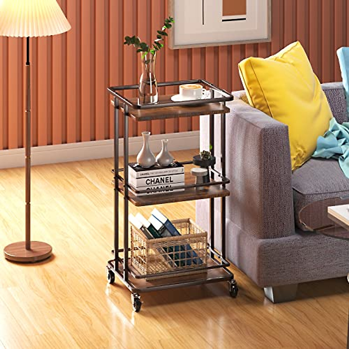 XYZLVSI 3-Tier Rolling Serving Bar Cart, Wood and Metal Kitchen Island Storage Cart with Wheels, Multifunction Utility Cart Storage Rack for Home, Kitchen, Bar, Dinning Room, Living Room (Brown)