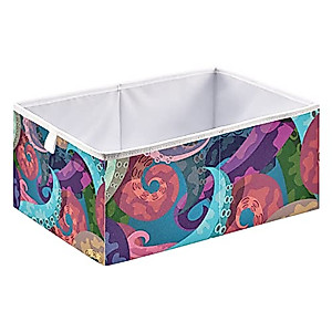 Colorful Octopus Tentacles On Blue Rectangular Collapsible Open Storage Bins, Foldable Toy Nursery Basket Bin Cloth Cube Organizer with Handles for Shelves Closet
