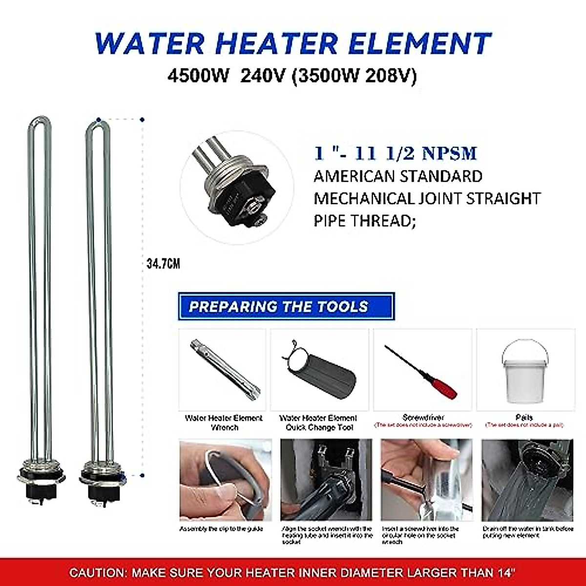 EWH-05 Electric Water Heater Tune-Up Kit, Includes Two 4500W 240V Water Heater Elements, Upper Thermostat, Lower Thermostat, Two Protective Covers, Two Elements Gaskets, Quick Change Tool, Two Wrench