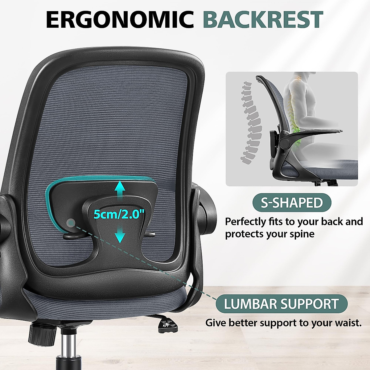 Winrise Office Chair Ergonomic Desk Chairs with Lumbar Support and Flip-up Arms, Comfortable Breathable Mesh Computer Executive Chair with Swivel Task, Adjustable Height 4'', Home, Bedroom - Dark Gray