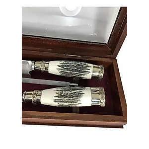 Carving set with deer handle and double nickel silver and steel ferrule in a wooden box with a glass lid