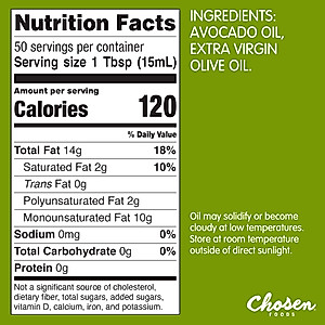 Chosen Foods 50/50 Blend 100% Pure Avocado, Extra Virgin Olive Oil – Non-GMO Blend Oil for Medium-Heat Cooking, Baking, Frying, 25.4 fl oz