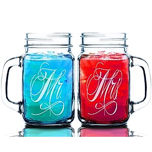 Custom-Engraved-Glasses-by-StockingFactory Stocking Factory Mr and Mrs Set of 2 Mason Jars Clear Glass Drinking Mugs with Handle