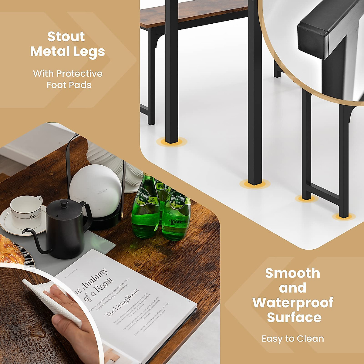 IFANNY Dining Table Set with 2 Benches, Industrial Kitchen Table & Chairs with Metal Frame, Space-Saving Breakfast Nook Table Set, 3 Piece Dinette Set for Farmhouse, Bar, Restaurant (Brown)