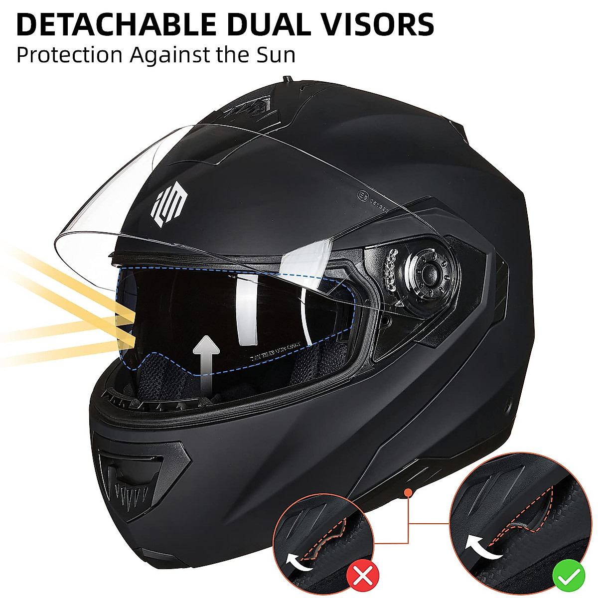 ILM Motorcycle Helmets for Adults Dual Visor Enlarged Air Vents Modular Full Face Cascos para Motos Men Women DOT Model DP998(Matte Black, Large)