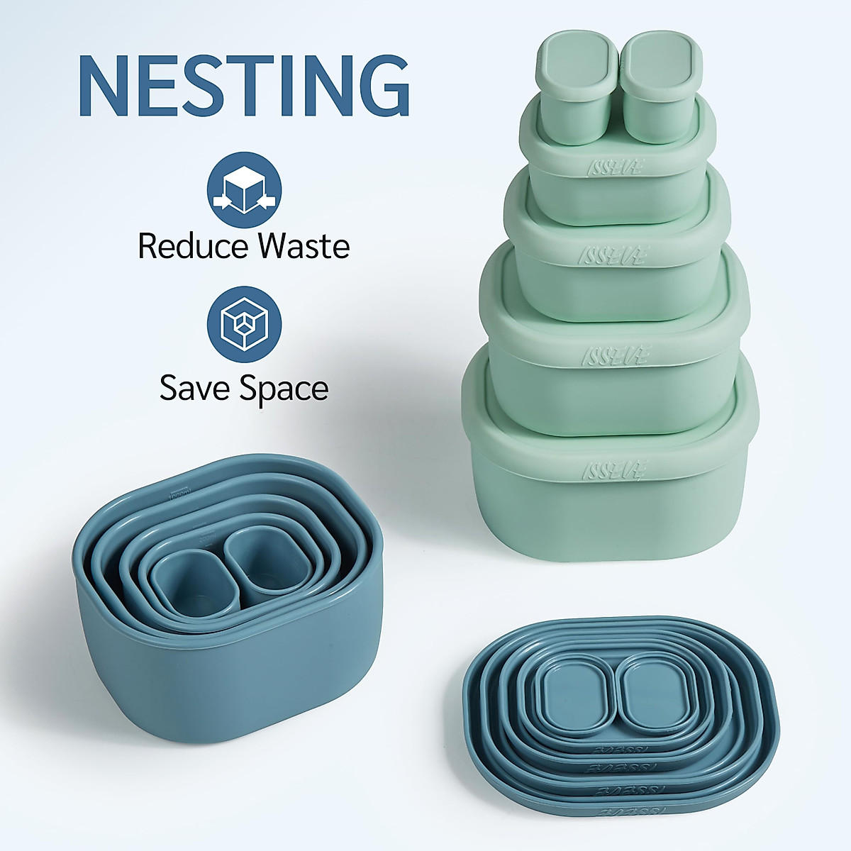 ISSEVE 12Pcs/Set Nesting Silicone Food Storage Containers with Lids, BPA Free Reusable Meal Prep Silicone Containers Airtight, Freezer Dishwasher Safe (33.8oz, 20oz, 10oz, 6.7oz, 1.3oz) (Blue)