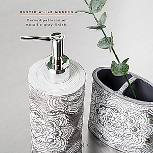 BINO Bathroom Accessories Set - Grey | Soap Dispenser | Toothbrush Holder | Tumbler | 3-Piece Bathroom Organizer Countertop Set | Bathroom Decor | Home Decor | Bathroom Set