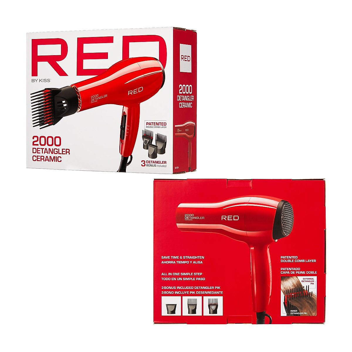Red by Kiss 2000 Ceramic Hair Dryer, Professional Salon Blow Dryer 3 Attachments Included, 2 Detangler Piks, 1 Air Concentrator, Lightweight