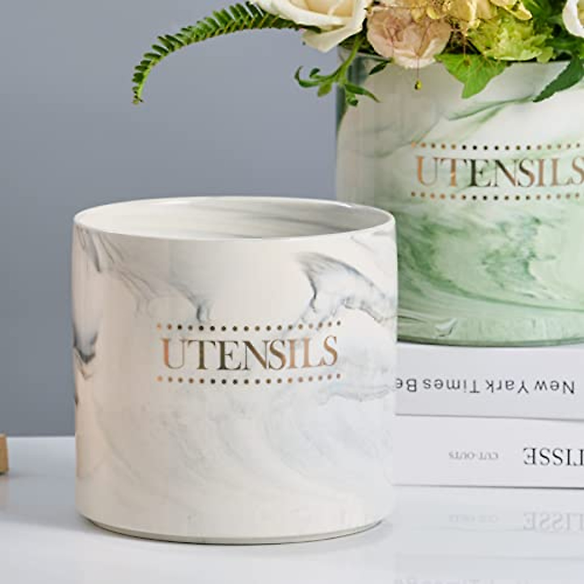 LYEOBOH Kitchen Utensil Holder Large Utensil Holder for Countertop, Modern Ceramic Cooking Utensil Crock Heavy Spatula Holder, 6.7 Inches Gray Marble Utensils Organizer for Home Decor