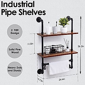 2 Tier Bathroom Floating Shelves with Industrial Pipe, 36 Inch Rustic Wood Wall Mounted Over Toilet Shelves with Towel Bar and Hooks, Wall Shelves for Bookshelf Kitchen Bar Living Room