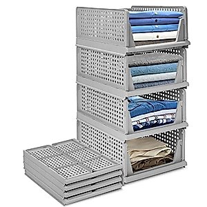 4-Pack Folding Wardrobe Storage Box Plastic Drawer Organizer Stackable Shelf Baskets Cloth Closet Container Bin Cube Home Office Bedroom Laundry Pull Out Drawer Dividers for Clothes,Toys Organization