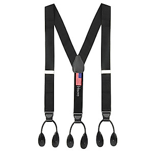 HOLD'EM Suspender for Men MADE IN USA – Y-Back Genuine Leather Trimmed Button End Non-Stretch Tuxedo Suspenders -Black