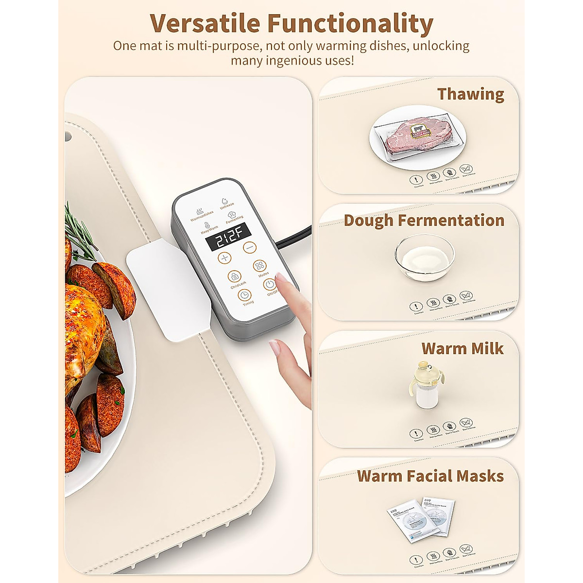 Food Warming Mat - Electric Warming Tray Full Surface Heating with Detachable Plug, Adjustable Temperature and 12 Hours Timer, Roll Up Food Warmers for Parties Buffet, Gathering, Holiday(Beige)