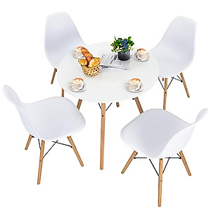 LDAILY Moccha Dining Table Set for 4, 5-Piece Kitchen Table Set with Round Dining Table & 4 Chairs, Breakfast Set with Solid Wood Legs, Modern Space-Saving Dinette Set for Dining Room, Kitchen, White