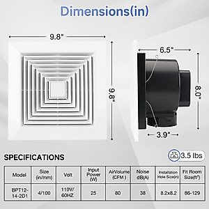 Fanspex Bathroom Ceiling Exhaust Fan, Household Bath Vent Ventilation Fan with 0.95 Sones Quiet Operation, 90 CFM, 4-in Duct, 25W Energy-Saving, 9.8"x9.8" (Installation Size 8.2"x8.2")