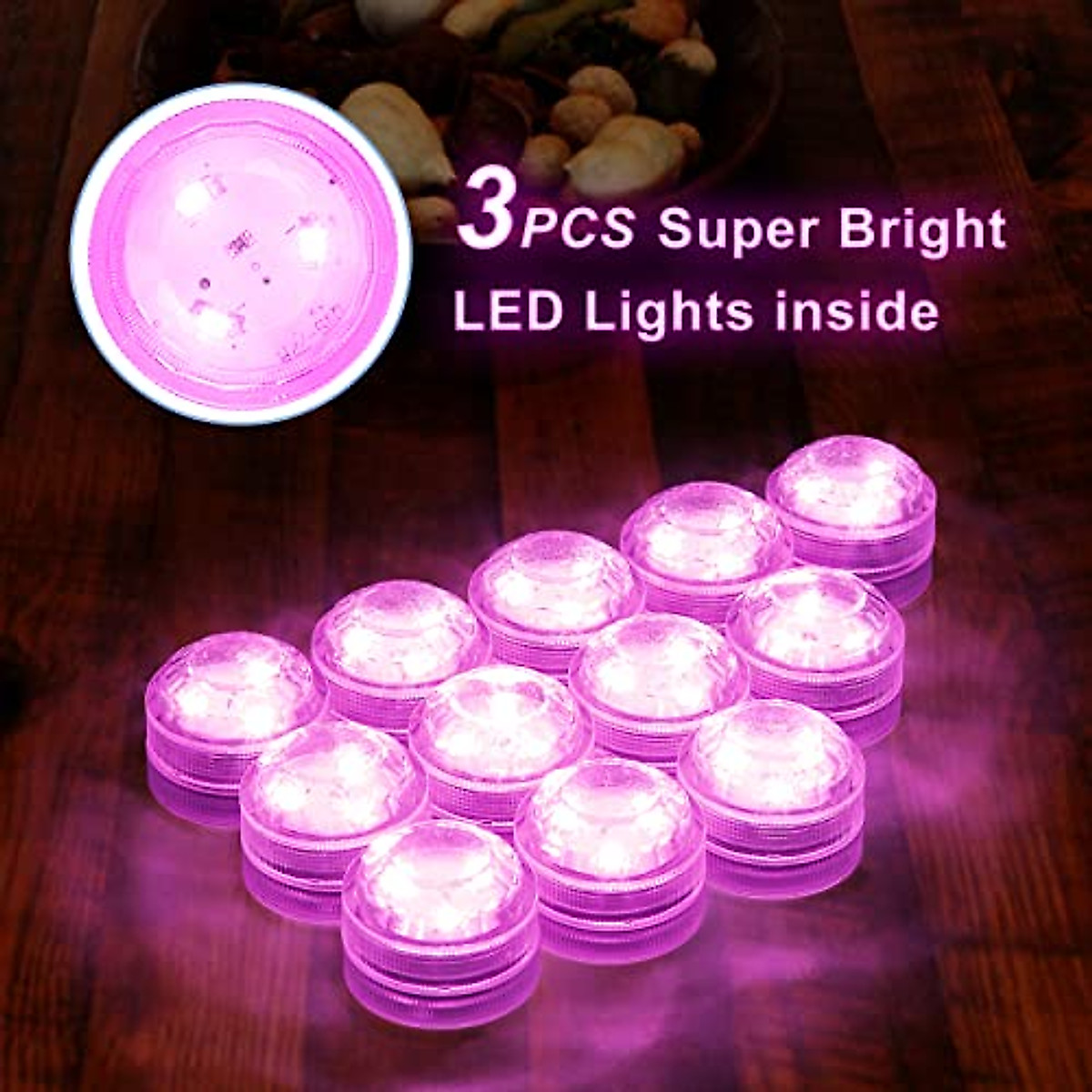 IMAGE Submersible LED Lights, 12 PCS LED Submersible Tea Lights Waterproof Floral Decoration Party Tea Lights, Battery Operated Flameless Tea Lights for Party, Wedding, Garden and Bath Pink