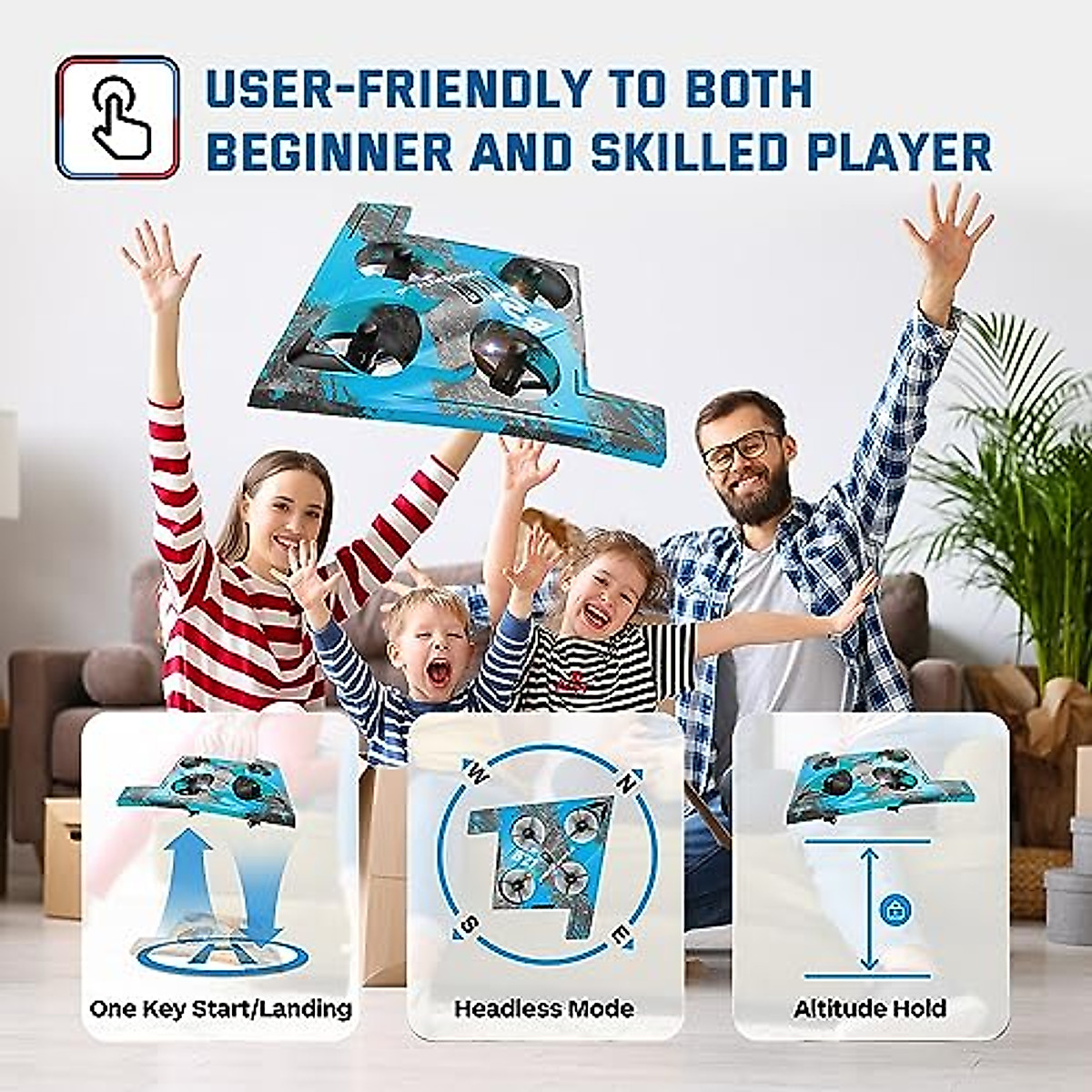 Trulloyoo Remote Control Drone for Beginners，RC Quadcopter Aircraft for Adults & Kids, B21 Fighter 2.4GHz 4-Channel Stunt Planes Airplane Toys with LED Lights, Birthday Boys Girls (Blue)