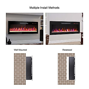50 Inch Ultra-Thin Electric Fireplace, Recessed and Wall Mounted Fireplace, LED Light Heater with Remote Control, Tempered Glass Front Electric Fireplace with Multi Color Flame & Emberbed (50 inch)