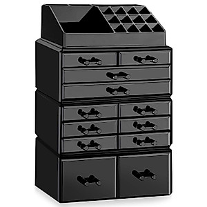 HBlife Makeup Organizer Acrylic Cosmetic Storage Drawers and Jewelry Display Box with 12 Drawers, 9.5 x 5.4 x15.8 Inches, Black