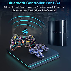 OUBANG 2 Pack Remotes Work for PS3 Controller Wireless, Cool Blue Gamepad Compatible with Playstation 3 Controller, Wireless Game Control for PS3 with Upgraded Joystick, Pa3 Controllers for PS3 Gift