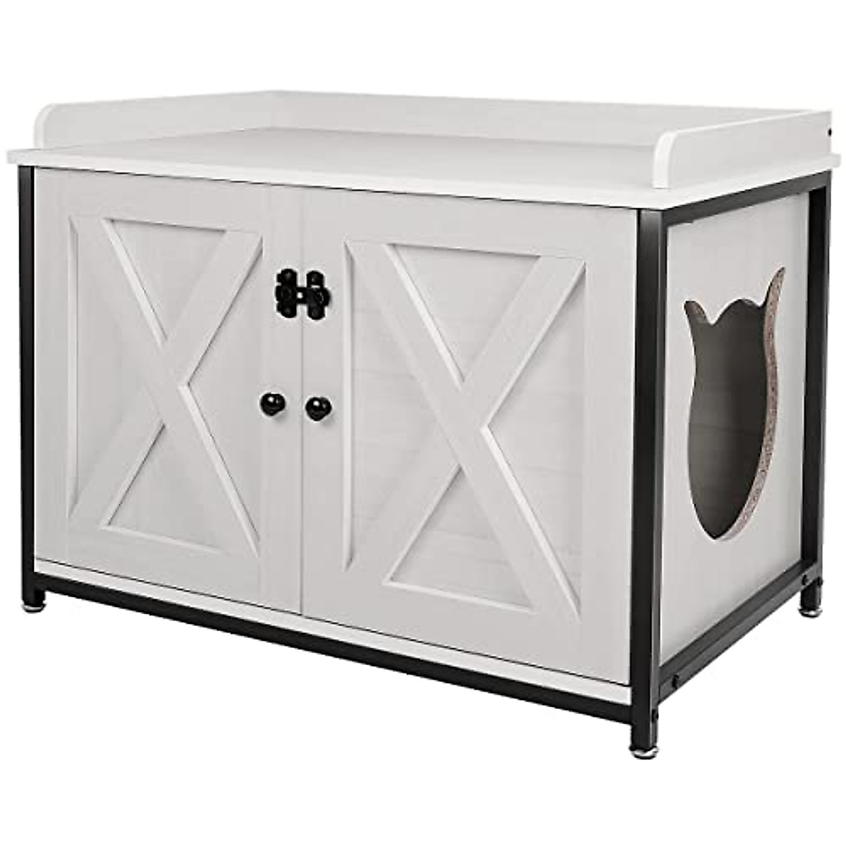 AZAMIA Cat Litter Box Furniture, Wooden Litterbox Hidden Enclosure Furniture Kitty Cat Washroom Storage Bench, Cat Litter Box Enclosures with Divider for Indoor Cat, White