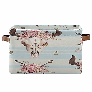 Collapsible Storage Bin Cube Floral Flower Animal Cow Skull Laundry Basket Hamper Toy Cloth Organization Bag with Handle for Pantry Nursery Home Office Shelve,2 PCS