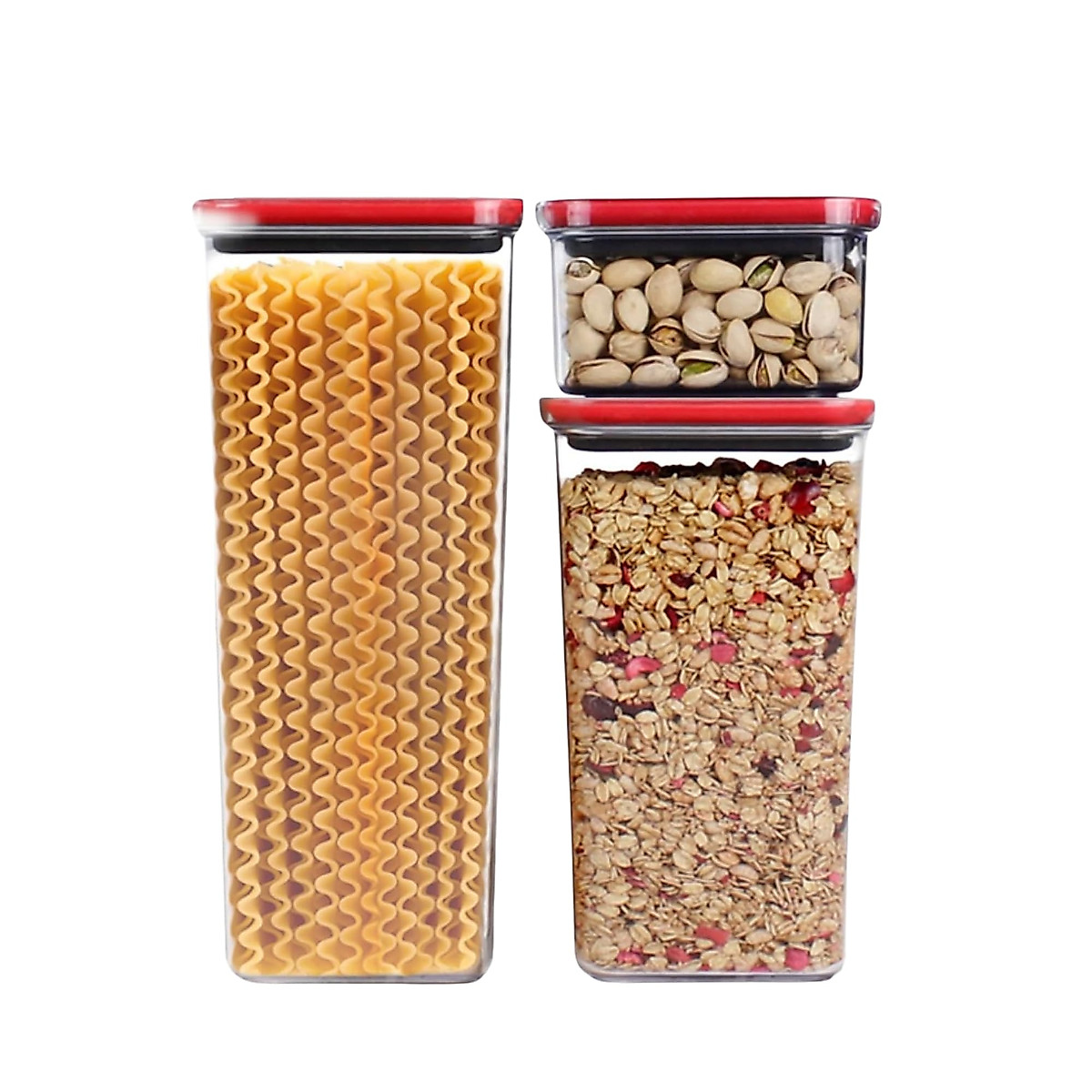 Kitchen Pantry 3 Set Airtight Smart Seal Dry Food Storage with Lid, Modular, Stackable, Square, Clear Canister for Cereal, Sugar, Flour, Snack, Coffee, Pasta Container (0.6L, 2.1 L, 2.7L)