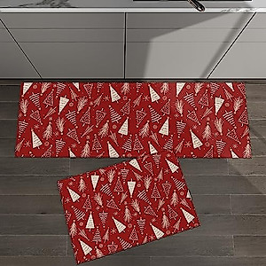 Libaoge Christmas Kitchen Rugs and Mats Set of 2 Xmas Tree Red Background Kitchen Sink Mat,Non-Slip Area Runner Rug,Washable Floor Mat for Home Dining Room Office 20"x32"+20"x47"