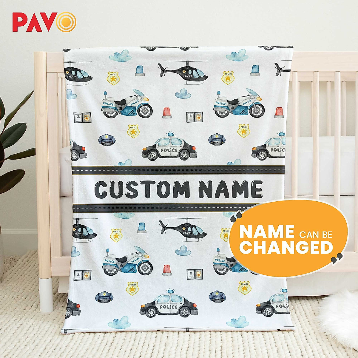 Pavo Customized Baby Blanket with Name - Police Car Personalized Baby Blankets for Boys Girls - Includes Bib & Onesie Option - Personalized Baby Gifts for Christmas, Thanksgiving, Shower