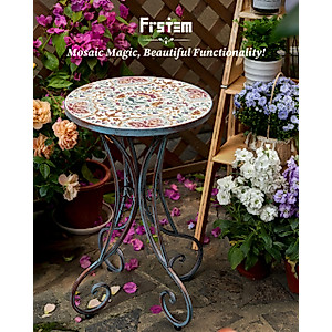 Frstem Mosaic Patio Table and Plant Stand, Outdoor Side Table for Patio with 14" Ceramic Tile Top, Weather Resistant Metal Round End Table Accent Table for Yard Porch Balcony Garden Bedside, Blossom