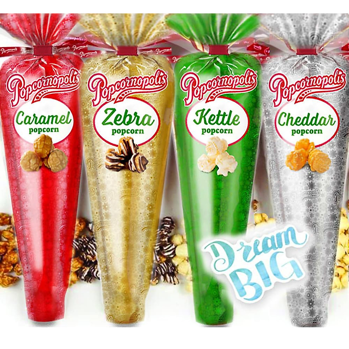 Popcornopolis Gourmet Popcorn – Premium Pack of 4 Popcorn Mini Cones & Exclusive Inspirational Sticker! Small Storage Space Friendly & Great Stocking Stuffers!