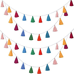 4 Pieces Tassel Garland Boho Colorful Tassel Banner Decorative Wall Hanging for Home Decoration Wedding Birthday Baby Shower Party Supplies, Pre-Assembled (Tassel in 3.1 Inches)