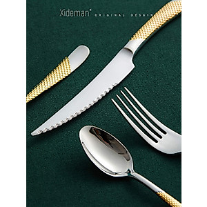 Xideman 16 Piece Hammered Silver Gold Silverware Set, Modern Golden 18/10 Stainless Steel Flatware Set, Kitchen Utensil Set Service for 4, Tableware Set, Cutlery Set, Knives Forks Spoons Set