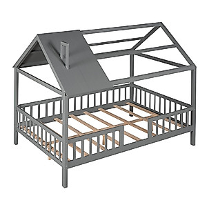 SOFTSEA Full Size House Bed with Storage Drawers, Wood Bed Frame with Guardrails and Slide Ladder, House Shaped Bed for Kids, No Box Spring Needed, White