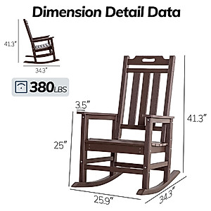 HYDRAGARDEN Outdoor Rocking Chairs, HDPE Oversized Patio Porch Rocker with 380lbs Weight Capacity, All-Weather Indoor Outdoor Rocking Seat for Deck Lawn Yard (Brown)