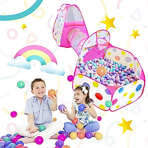 Playz 3pc Kids Play Tent Crawl Tunnel and Ball Pit Pop Up Playhouse Tent with Basketball Hoop for Girls, Boys, Babies, and Toddlers for Indoor and Outdoor Use with Pink Carrying Case