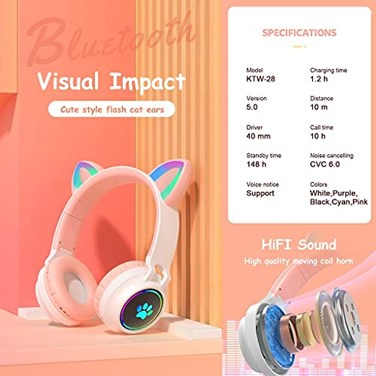 Pink Stereo Gaming Headset with Mic, 3.5MM Sound Cat Ear Wireless Foldable Bluetooth Headphones Lightweight Self-Adjusting Over Ear Headphones for PC, TV, Phone,Online Distant Learning