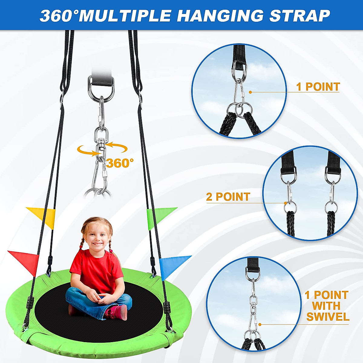Odoland 40 inch Kids Saucer Tree Swing, Large Outdoor Chidren Round Rope Swing Installed on Tree and Backyard, 900D Waterproof Oxford Flying Saucer Platform Swing Great for 3 Kids or 1 Adult Green
