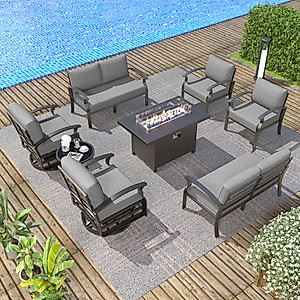 Piltwoff Aluminum Patio Furniture Set,8 Pcs Modern Patio Sectional Conversation Sets w/55,000BTU Propane Fire Pit,Outdoor Swivel Rocking Chairs w/5.1" Cushion&Coffee Table,Grey