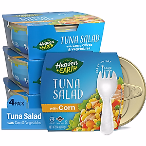 Heaven & Earth Ready to Eat Tuna Salad with Corn & Vegetables, 5.64oz (4 Pack) | Great Source of Protein | Travel Friendly Meals | Spork Included
