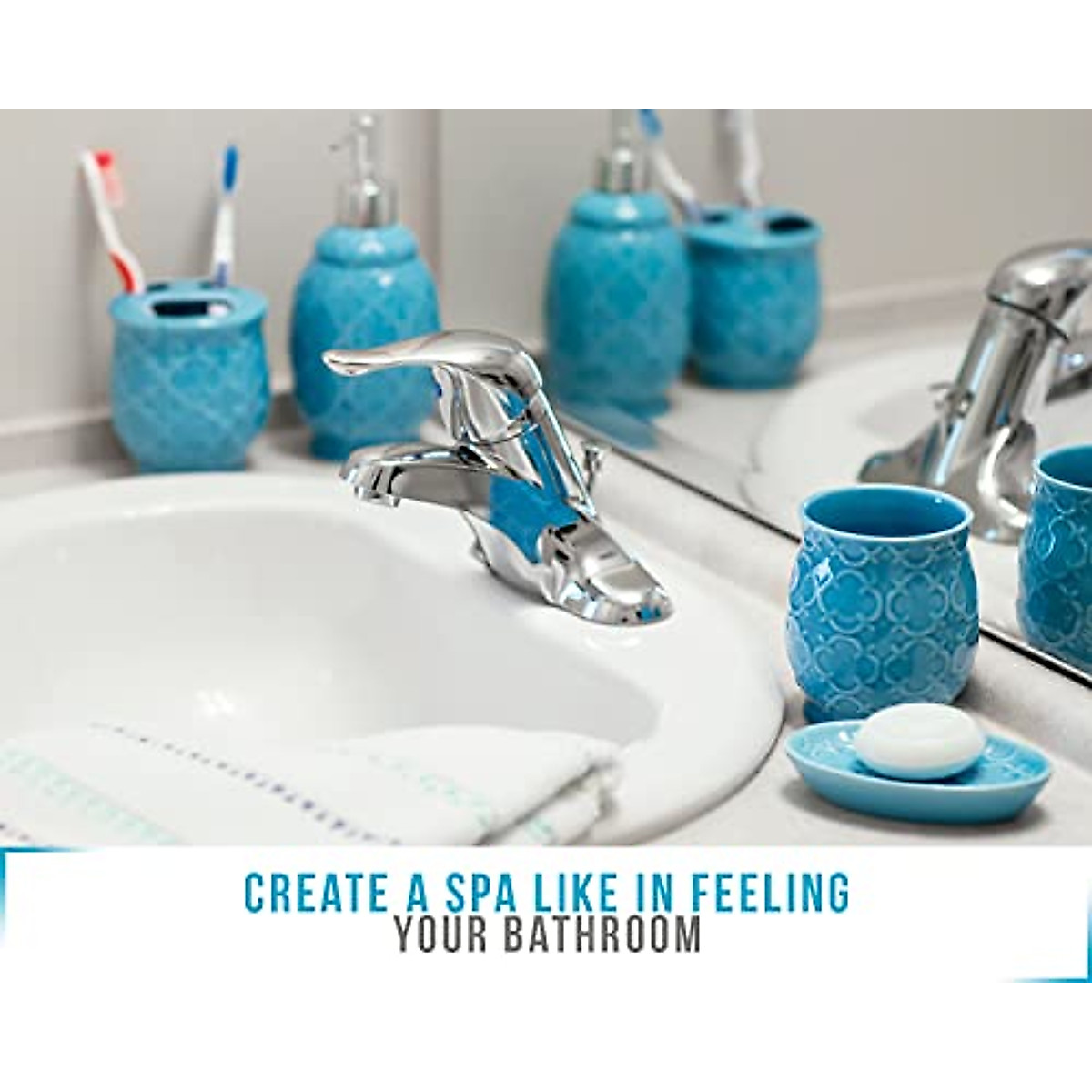 Designer 4-Piece Bathroom Accessory Set – Ceramic Bath Set w/Liquid Soap or Lotion Dispenser, Toothbrush Holder, Tumbler and Soap Dish – Decorative Set w/Embossed Details – Modern Vanity Accessories