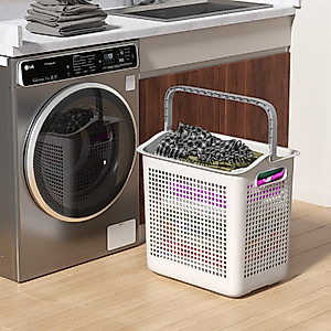 Tyminin Pack of 4 Plastic Laundry Hamper Basket, Dirty Clothes Storage Hamper Bin with Handle, White