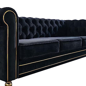 EMKK 84" Upholstered Chesterfield Tufted Sofa Couch for Living Room, Velvet Rolled Arm 3 Seater Classic Settee Sofá with Gold Trim, Black