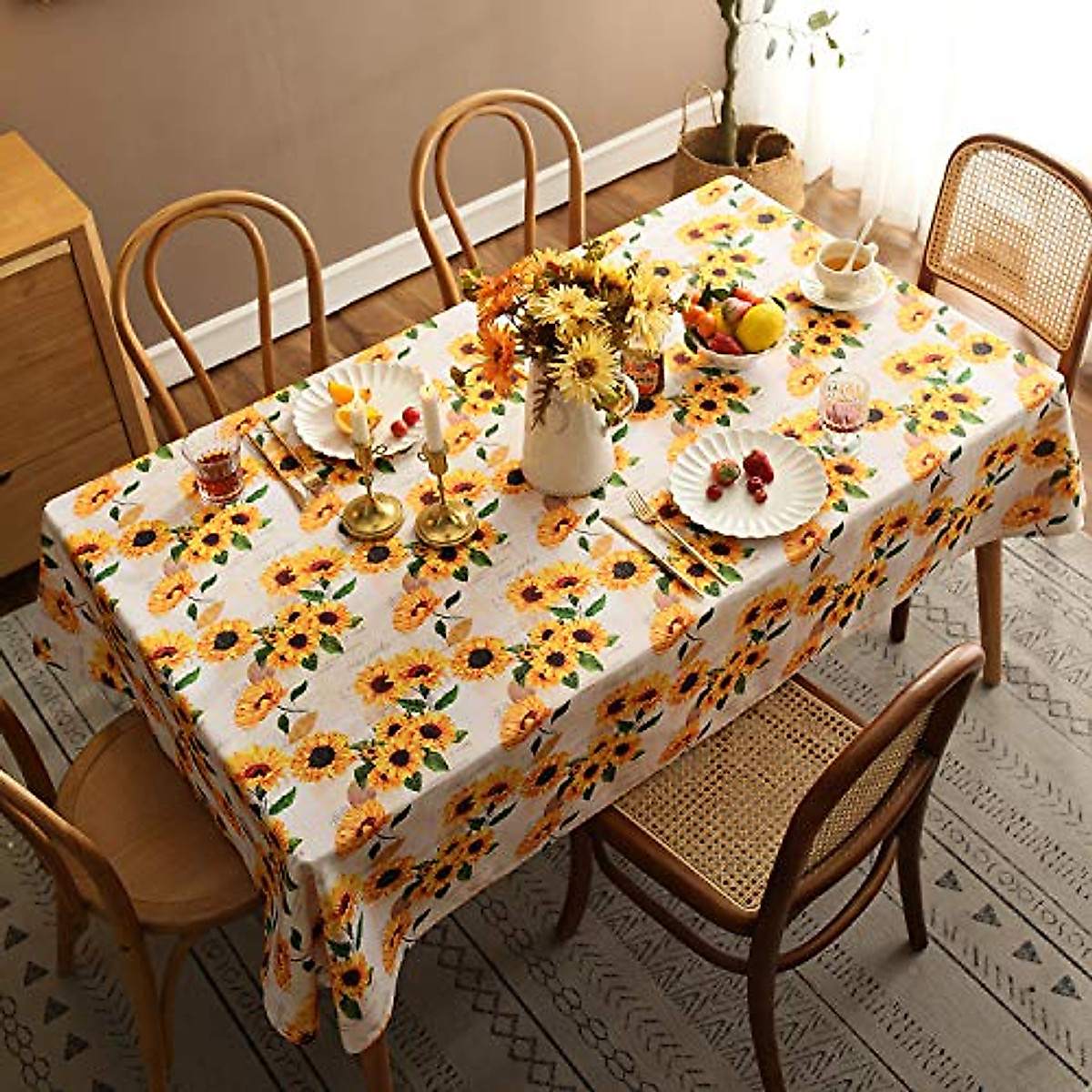 Joyfol Day Sunflower Tablecloth,Orange Floral Table Cloth for Square Tables,Waterproof Resistant Durable Flower Table Cover for Kitchen Dining Room (54 X 54 INCH)