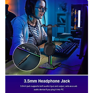 EUROA Headphone Stand Gaming Desk Headset Stand Holder with 10 RGB Lights, Head Set Desk Hook Gift Accessories for Gamer, Backpack Gaming Headpones Stand with 2 USB Charing Ports
